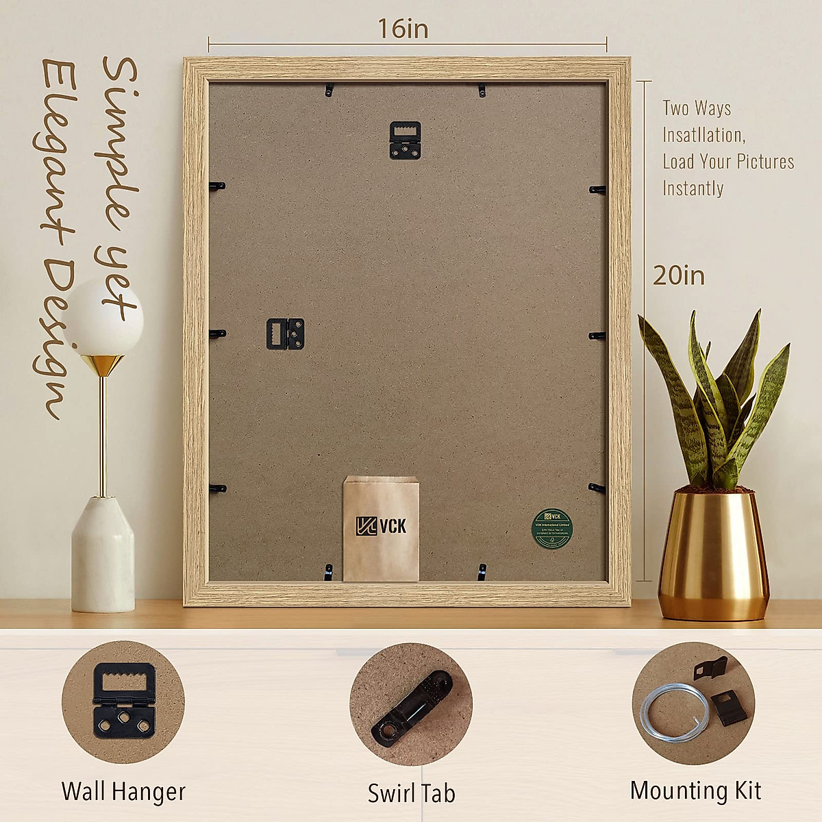 VCK 16x20 Solid Wood Poster Frames for Wall, Natural Oak Picture Frame 3 Pack, Wall Gallery Frame