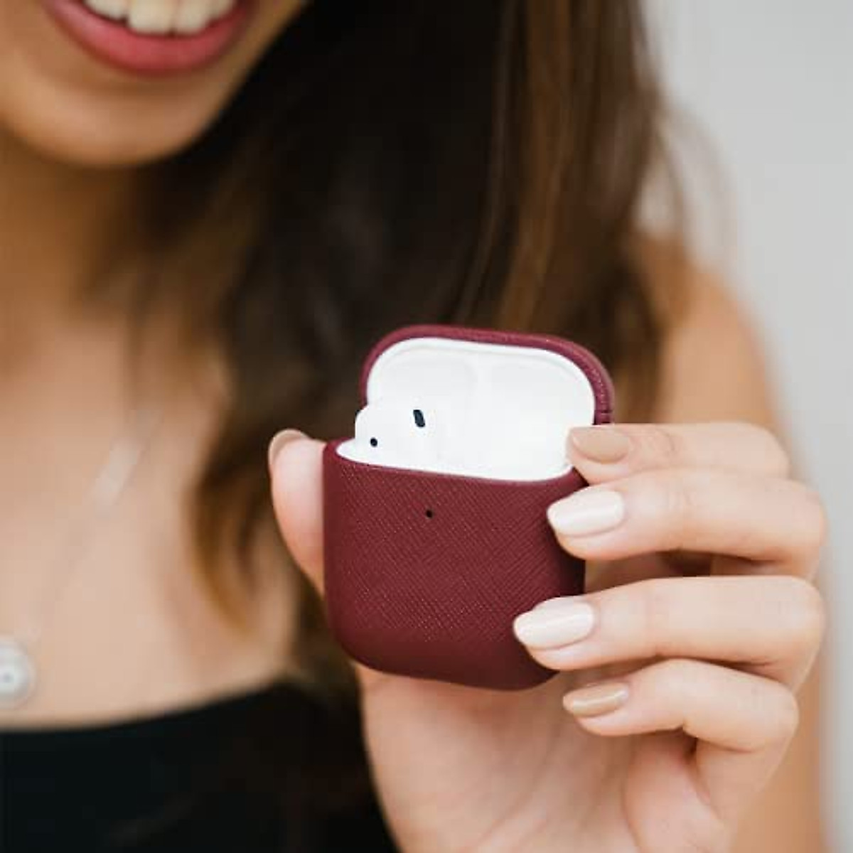 THEIMPRINT Saffiano Vegan Leather AirPods Case Cover Gen 1/2 - Compatible with Apple AirPods 1st & 2nd Generation Charging Case, Black Colour