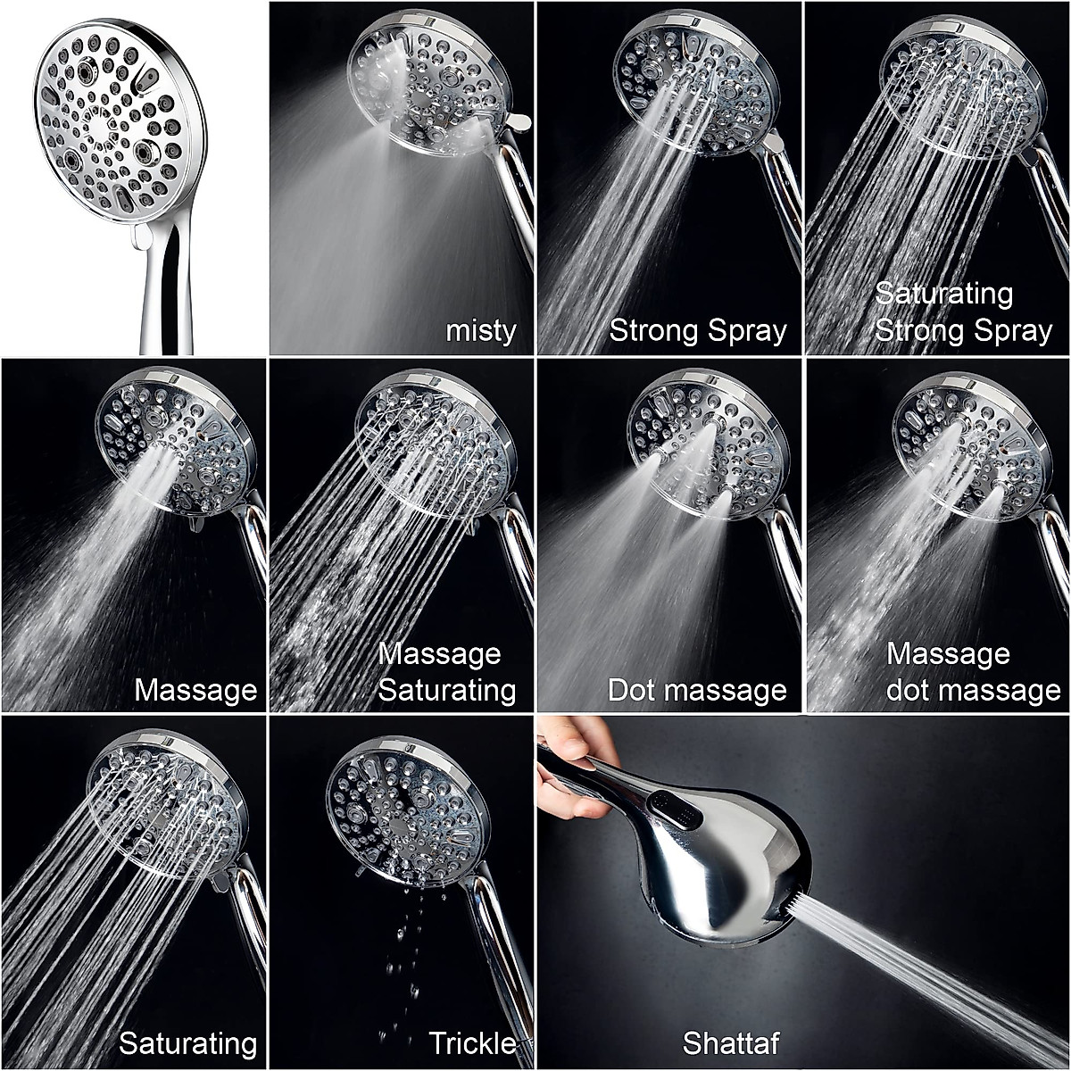 High Pressure Handheld Shower Head, 10-Setting Showerhead, 4.7”Detachable Showerhead Set with 5ft Hose, Adjustable Bracket and Built-in Power Wash to Clean Tub, Tile & Pets - Polished Chrome