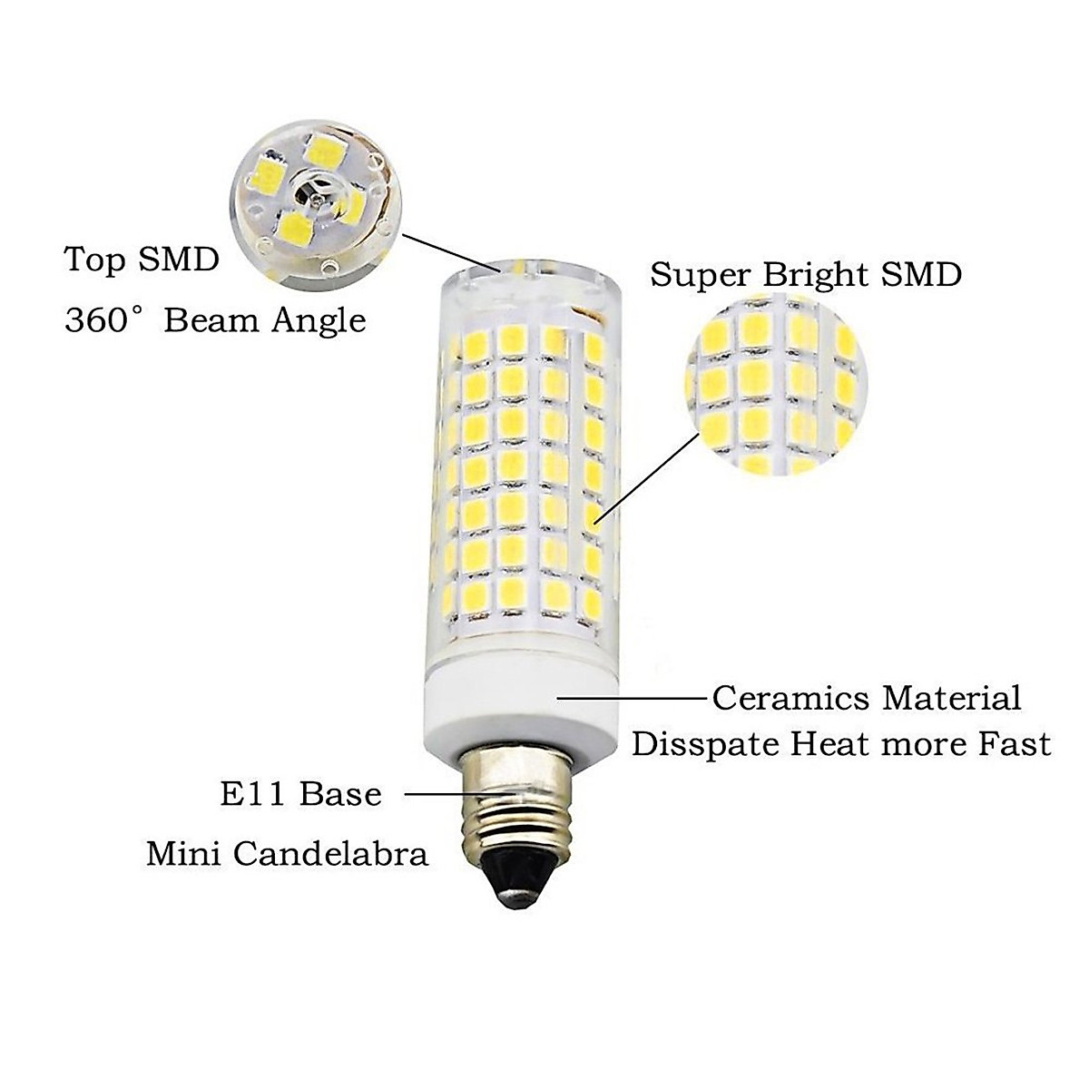 ziyidianzhi E11 LED Bulb Dimmable, 8W (75W 100W Halogen Bulbs Equivalent), Mini Candelabra Base, AC110V120V 130V, 6000K Daylight for Chandeliers Ceiling Fan Light, Pack of 4