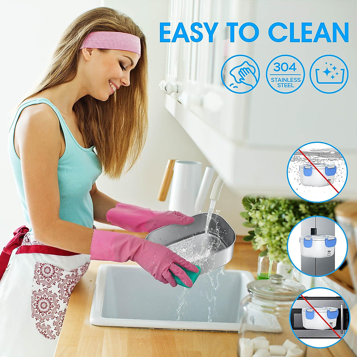 COROTC 60W Electric Lunch Box, 12V/24V/110V 3 In 1 Leak Proof Food Warmer Lunch Box For Car/Truck/Home/Office, 1.5L Portable Food Warmer With 304 Stainless Steel Tray, Fork, Spoon, Compartment