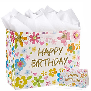 SUNCOLOR 13" Large Birthday Gift Bags with Tissue Paper and Card(Flowers)