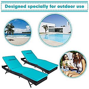 Omelaza Outdoor Chaise Lounge All-Weather Wicker Patio Lounge Chair, Adjustable Reclining Chair with Blue Cushion for Poolside, Garden, Backyard (2 Pieces)