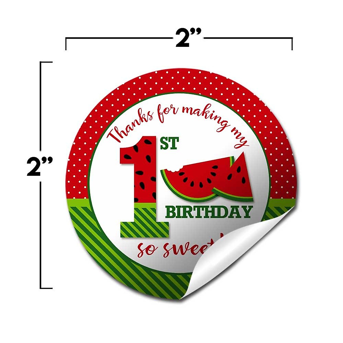 Red Watermelon 1st Birthday Party Thank You Sticker Labels, 40 2" Party Circle Stickers by AmandaCreation, Great for Party Favors, Envelope Seals & Goodie Bags