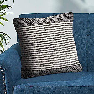 LR Home Farmhouse Striped and Textured Throw Pillow Area Rug, 20" x 20", Gray/Ivory
