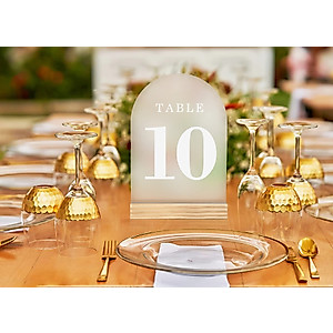 Frosted Arch Wedding Table Numbers with Wooden Stands Holders, 5x7" Acrylic Signs and Holders, Perfect for Centerpiece, Reception, Decoration, Party, Anniversary, Event (Frosted White Font, Number 1-20)