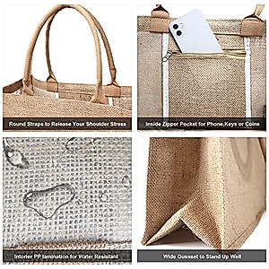 BeeGreen Burlap Tote Bag Jute Beach Bag with Laminated Interior & Inner Zipper Pocket for Teacher Mother's Day 17"×12.6"×7" Large Bird Bridesmaid Gift Tote Bag for Wedding Shopping