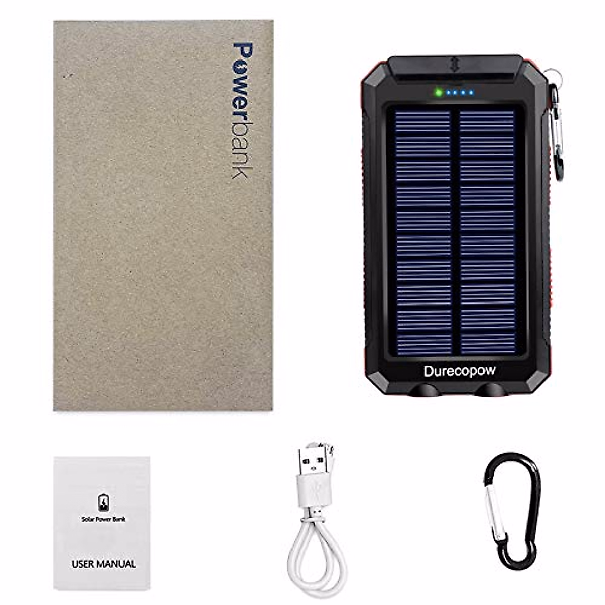 Durecopow Solar Charger, 20000mAh Portable Outdoor Waterproof Solar Power Bank, Camping External Backup Battery Pack Dual 5V USB Ports Output, 2 Led Light Flashlight with Compass (Red)