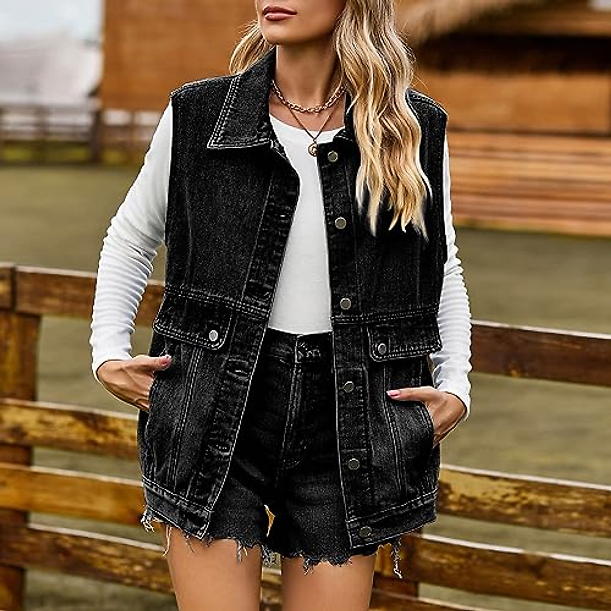 Gerichy Workout Tops for Women, Denim Shirts for Women Trendy, Fall Clothes for Women 2023 Trendy, Women's Oversized Denim Jacket Sleeveless Denim Shirt with Pockets Casual Jacket
