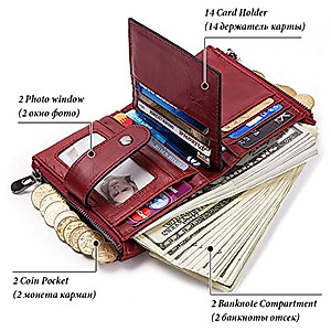 HUMERPAUL Women‘s Leather Wallet RFID Blocking Small Compact Bifold Zipper Pocket Purse with ID Window and Card Case Purse (Red)