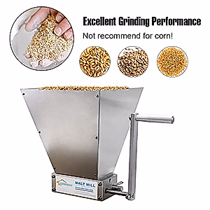 FERRODAY Malted Grain Mill Malt Stainless Steel 2 Roller Malt Mill Homebrew Malted Grain Crusher Manual Grain Mill Slow Drill Available Malt Crusher Adjustable Gap Malted Barley Grinder - No Base Type