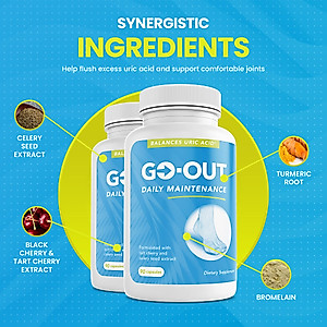 Go Out Daily Maintenance - Natural Uric Acid Support with Tart Cherry, Celery Seed, and Turmeric - Vegan, Non-GMO, Gluten-Free Supplement for Joint Comfort and Healthy Kidney Function 90 Capsules