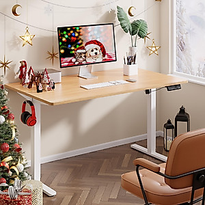 Walsunny Electric Height Adjustable Standing Desk, 55 x 24 Inches Splice Board, Sit Stand Up Computer Table, Computer Workstations for Home Office, White Frame/Walnut Top