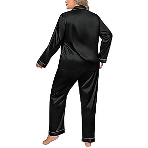 SWOMOG Women Plus Size Long Sleeve Pajamas Silk Satin Pajama Sets Button Down Sleepwear Pjs Loungewear with Pockets Black