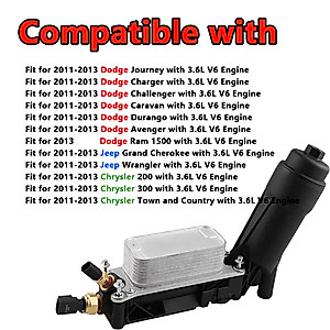 Engine Oil Cooler With 5184294AE Oil Filter Housing Adapter Compatible With 2011 2012 2013 Chrysler 200 300, Dodge Charger Journey Caravan Durango, Jeep Grand Cherokee 3.6L V6