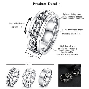 ORAZIO Mens Rings 3Pcs Silver Rings for Men Women Stainless Steel Plain Band Ring Cuban Link Chain Rings Spinner Ring Men's Promise Wedding Rings Set,Size 7