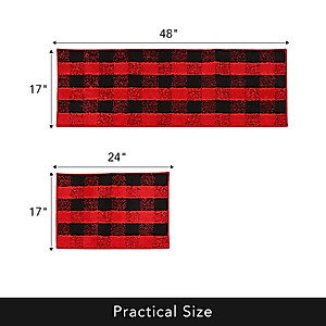 Dephora Kitchen Rugs and Mats Non Skid Washable Set of 2 Anti Fatigue Buffalo Plaid Check Water Absorb Microfiber Runner Rug for Kitchen Floor Front of Sink, Bathroom,17"x48"+17"x24", Black and White