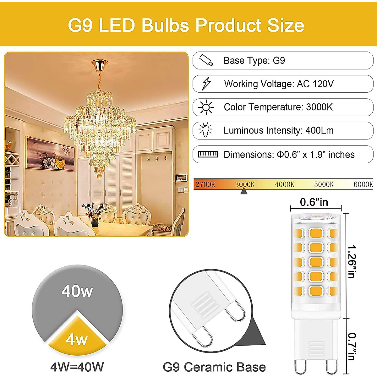 Sailstar G9 LED Bulb, 3000K Soft White, G9 Bulb 40W Equivalent, G9 LED 360° Beam Angle 400LM No Flicker 120V, G9 Bi-pin Ceramic Base, 4W G9 LED Light Bulbs for Chandelier, 6 Pack, Non-dimmable