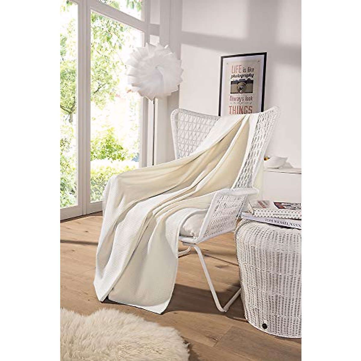 WOHNWOHL (Cream Throw Blanket I 100% Cotton I (60' x 80') Lightweight Waffle Pique Material I Square Airy Sofa Blanket I Easy-Care Summer and Fall Blanket for Every Room I Color: Cream