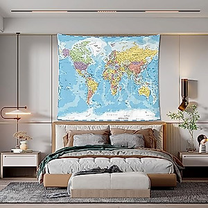 World Map Tapestry for Bedroom Map Men Tapestry Blue World Geographical Distribution Tapestry Aesthetics Large Poster Art Room Decor Wall Hanging for Student Kids Dorm Office Living Room (51''x 60'')
