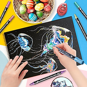 28 Metallic Colors Acrylic Paint Markers, Dual Tip Acrylic Paint Pens for Rock Painting, Black Paper, Wood, Canvas, Stone, Glass, Ceramic, DIY Crafts Making Art Supplies (Brush Tip and Round Tip)