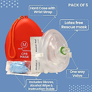 MCR Medical Pack of 5 CPR Rescue Mask, Adult/Child Pocket Resuscitators, Hard Case with Wrist Strap