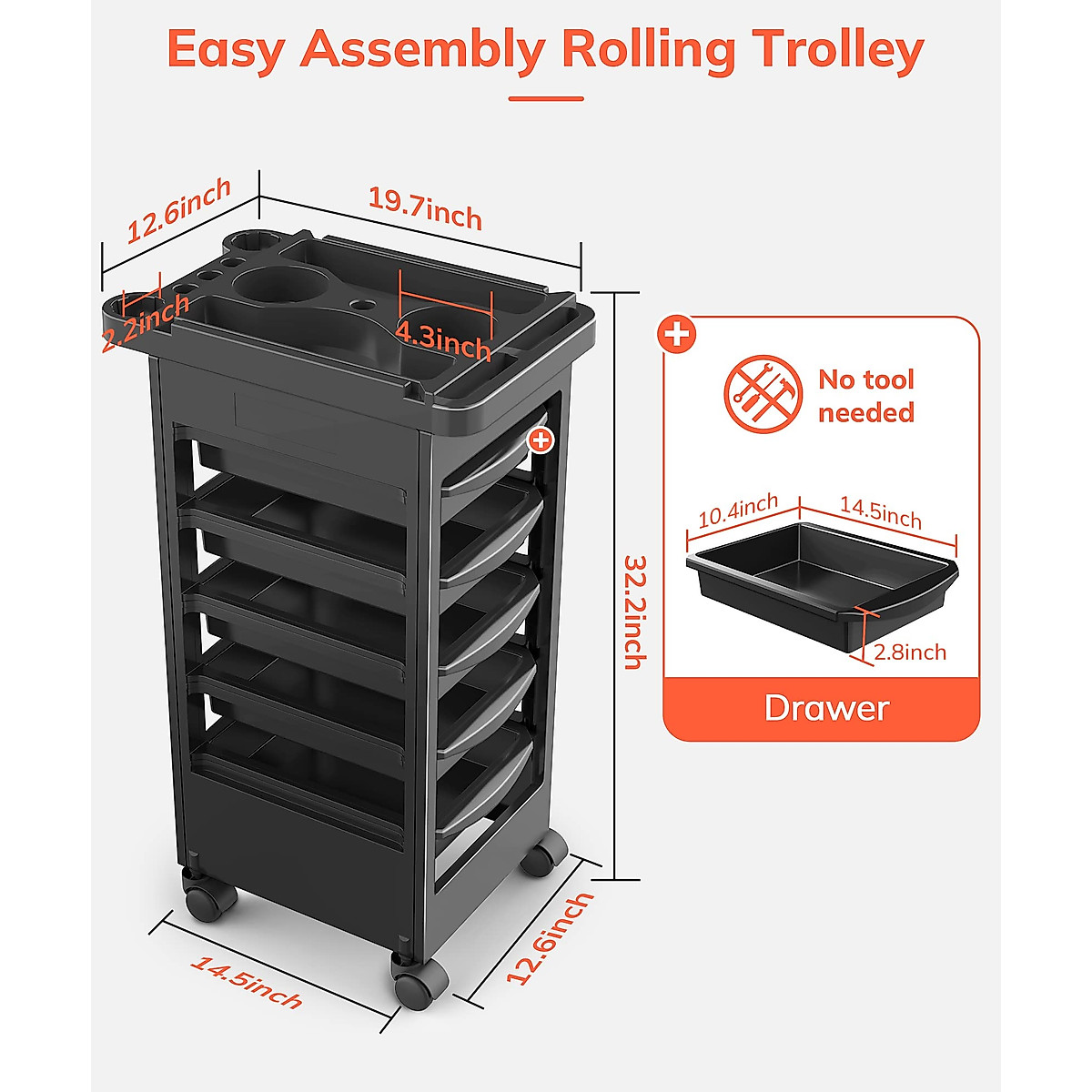 TASALON Budget Hair Styling Salon Trolley Cart with Wheels and 5 Drawers, Salon Rolling Cart for Extra Hairdresser Storage, Tool Free Rolling Salon Cart for Hair Stylist, Hairdresser, Beauty, Tattoo