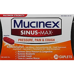 Mucinex Maximum Strength Sinus-Max Pressure, Pain & Cough Caplets, 20 ct, Relieves Minor Aches and Pains, Headache, Chest Congestion, Nasal Congestion, Sinus Pressure, and Controls Cough
