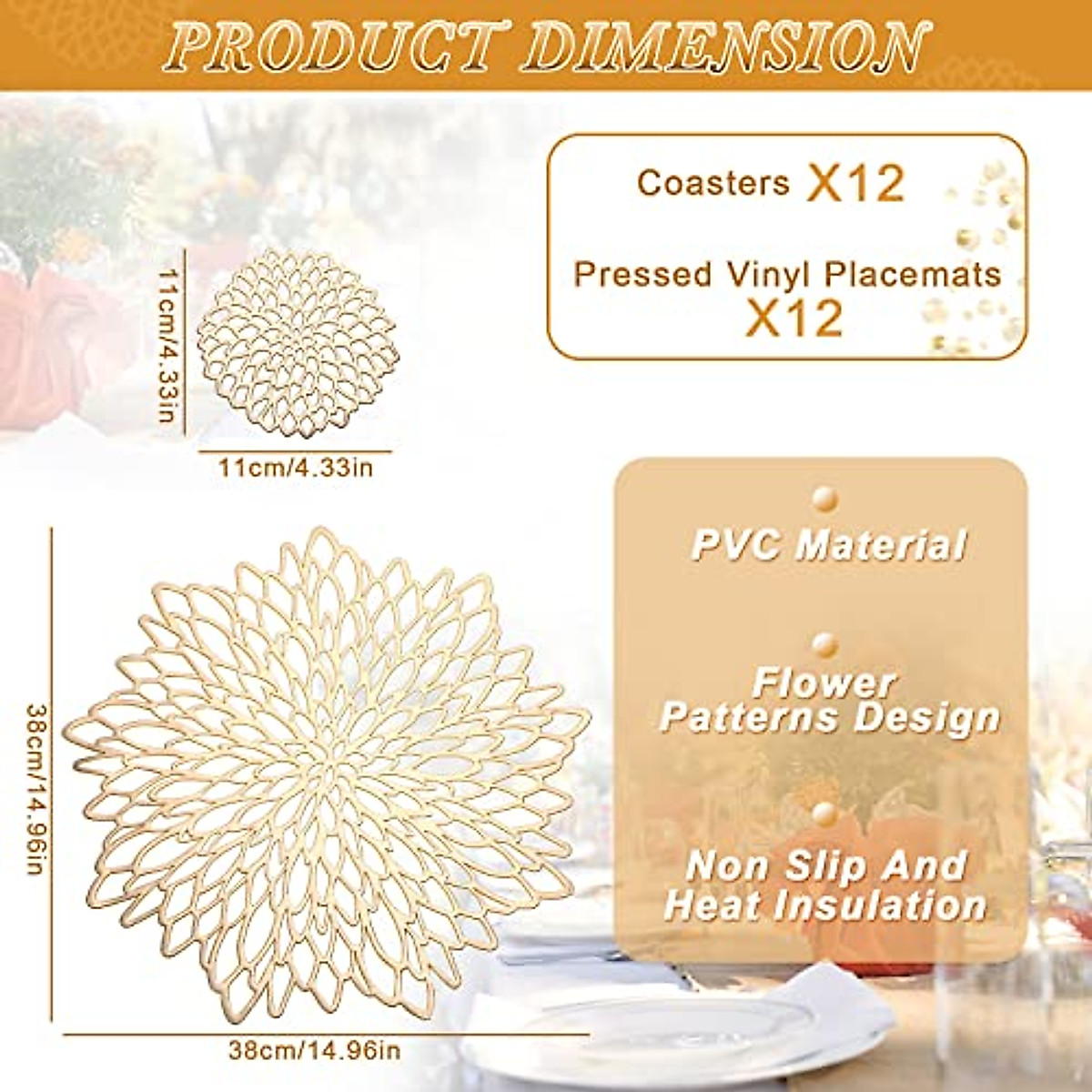 CHENGU 24 Pcs Round Pressed Vinyl Placemats Metallic Place Mat Coaster Set Including Placemats and Coasters Non Slip Heat Resistant Washable Table Mats for Dining Table Kitchen Decoration (Gold)
