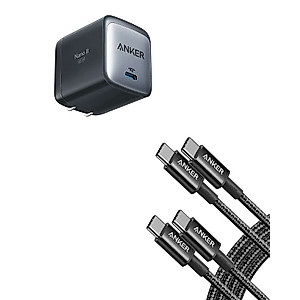 Anker 333 USB C to USB C Cable (6ft 100W, 2-Pack), USB 2.0 Type C Fast Charging Cable and Anker USB C Charger, 715 Charger (Nano II 65W), GaN II PPS Fast Compact Foldable Charger