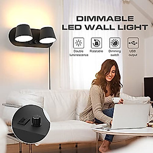 Sytmhoe Modern Black Double Head Dimmable LED Wall Sconce, Bedroom Wall Light with USB, Plug-in Installation, 12W, 10.24x3.94x5.12in