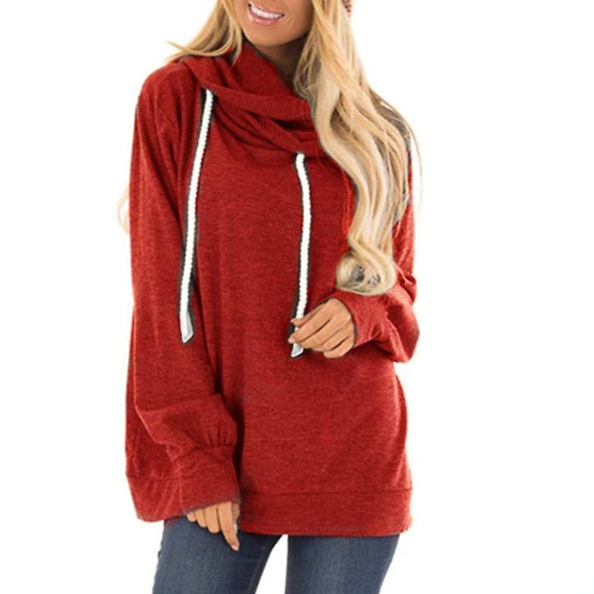Womens Casual Hooded Sweatshirt Loose Drawstring Pullover Hoodies Plus Size Cowl Neck Long Sleeve Hoodie Blouses