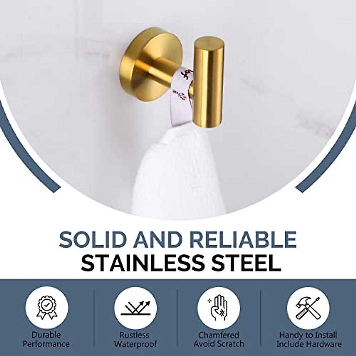 Angle Simple Bathroom Towel Hook 2 PCS, SUS304 Stainless Steel Bath Towel Robe Coat Holder, Heavy Duty Wall Hook, Brushed Gold