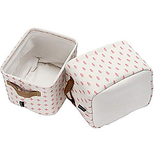 Sea Team Collapsible Small Canvas Fabric Storage Basket with Handles, Square Mini Storage Box, Cube, Foldable Shelf Basket, Closet, Desk Organizer for Nursery, Home, Office (Pink, Set of 4)
