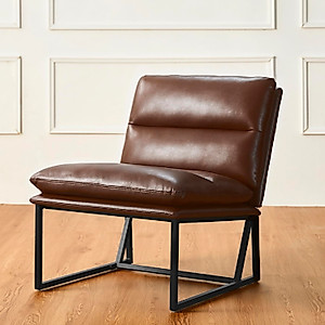 glitzhome Mid Century Modern Accent Chair, Coffee Thick Leatherette Chair with Metal Frame, Side Chair with Backrest, Upholstered Leisure Chair for Living Room, Bedroom, Office,1PC