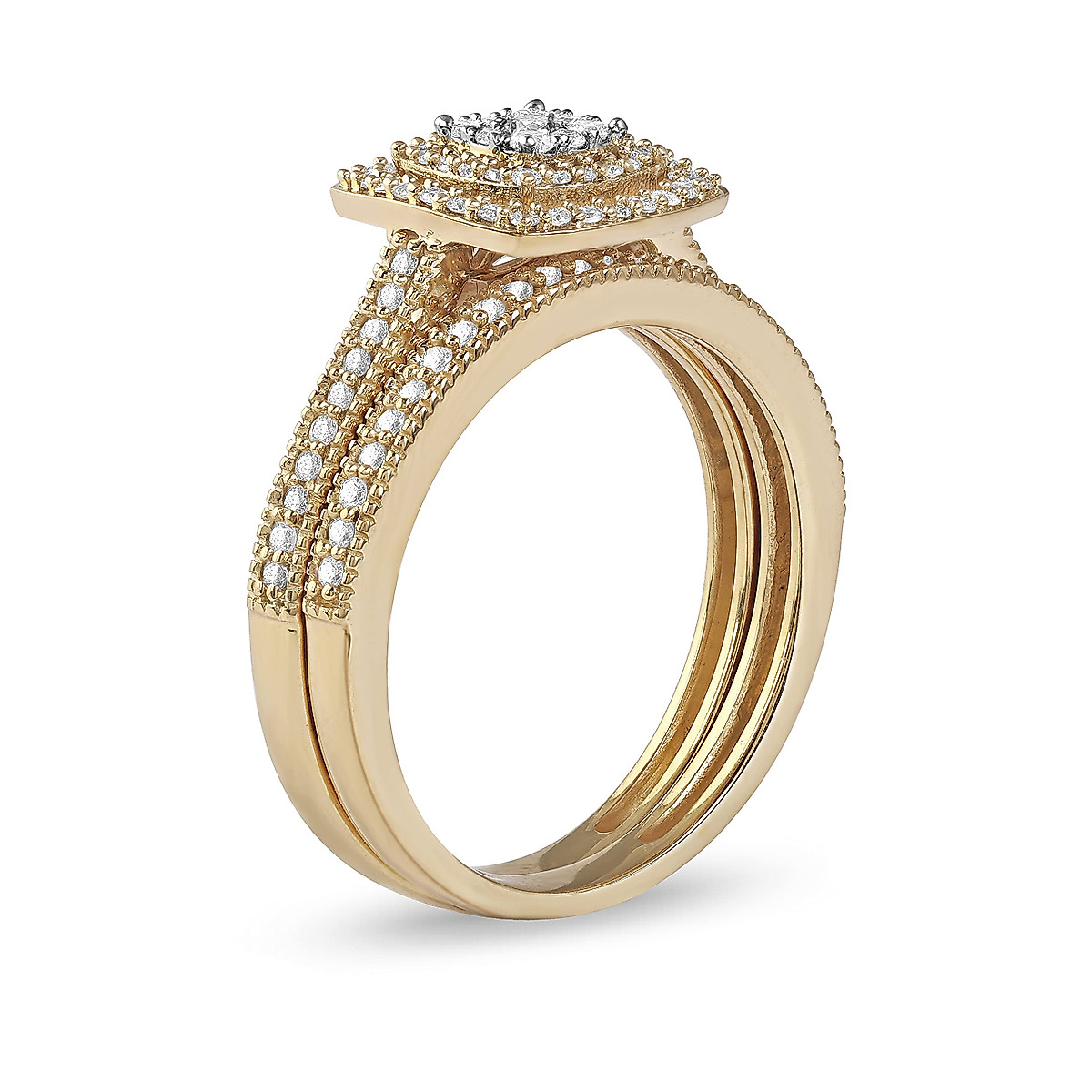 DZON IGI Certified 10k Yellow Gold 1/3CT TDW Round Cut Diamond Double Cushion Frame Cluster Bridal Jewelry Set Love Gift for Women (I-J,I2)