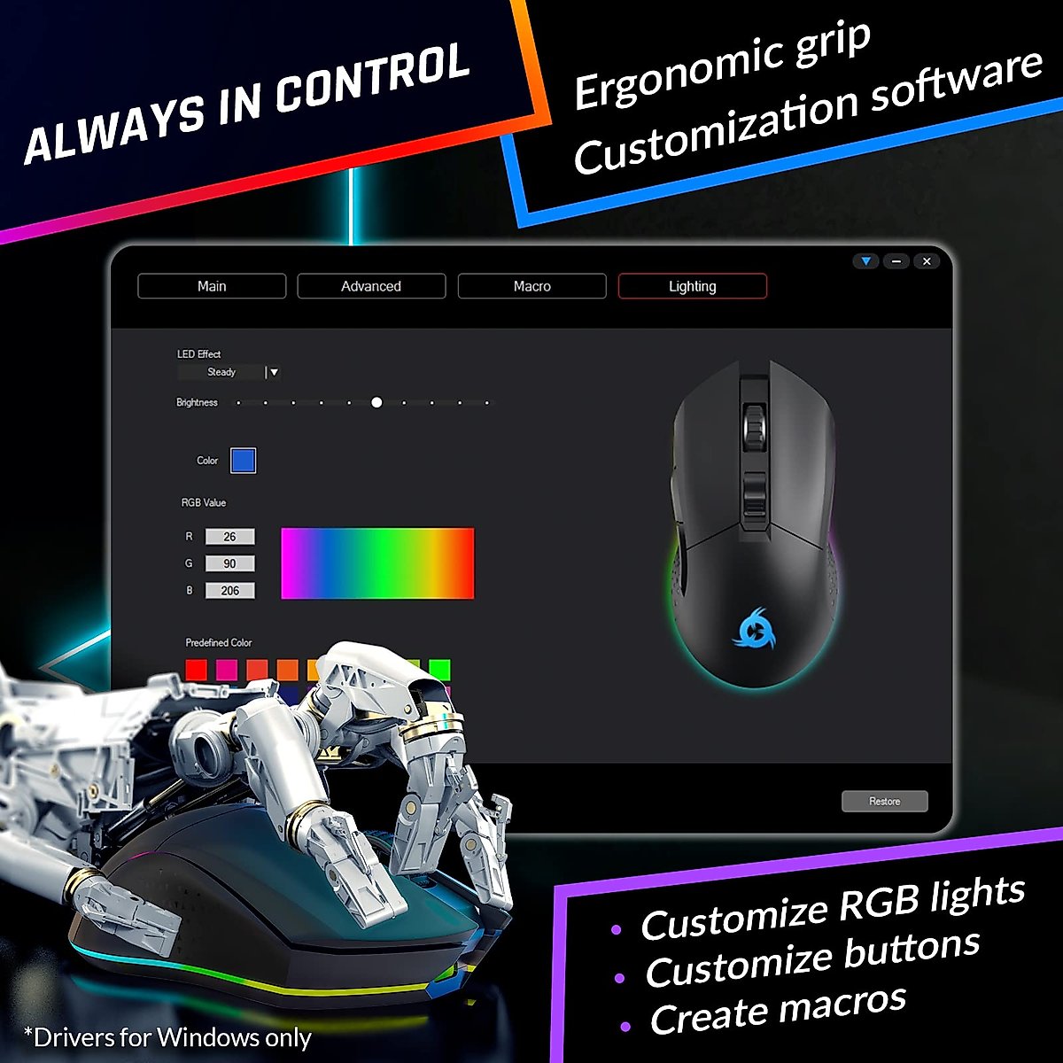 KLIM Blaze Rechargeable Wireless Gaming Mouse RGB New 2024 - High-Precision Sensor and Long-Lasting Battery - 7 Customizable Buttons - Up to 10000 DPI - Wired & Wireless Mouse for PC Mac & PS4 PS5