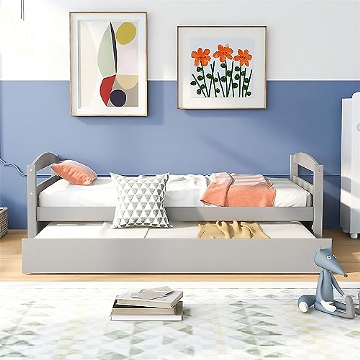 LLS Twin Size Daybed with Trundle, Solid Wood Daybed Frame with Headboard and Footboard, Space Saving Platform Bed Sofa Bed with Sturdy Slats Support, No Box Spring Needed, Gray