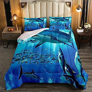 Erosebridal Blue Ocean Bedding Set Twin Size,3D Shark Duvet Insert Underwater Scenery Comforter Set Nautical Sea Animal Aquarium Quilted Duvet Coastal Creature Marine Life Bedroom Decor
