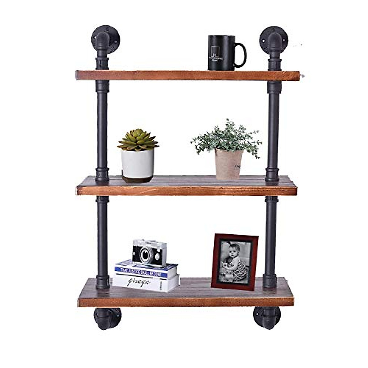 Diwhy Industrial Pipe Shelving Bookshelf Rustic Modern Wood Ladder Storage Shelf 3 Tiers Retro Wall Mount Pipe Design DIY Shelving (Black, L 24")