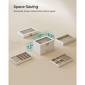 SONGMICS Stackable Jewelry Trays, 4-Tier Jewelry Box, Drawer Jewelry Organizer, with Glass Lid, Removable Dividers, for Vanity Table, 6.7 x 11 x 7.2 Inches, Christmas Gift, Cloud White UJBC164W01