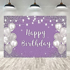 5×3ft Violet Purple Silver Happy Birthday Backdrop Girls Silver Balloon White Lights Girls 16th 20th 30th Birthday Party Banner Decorations Background Portrait Studio Props
