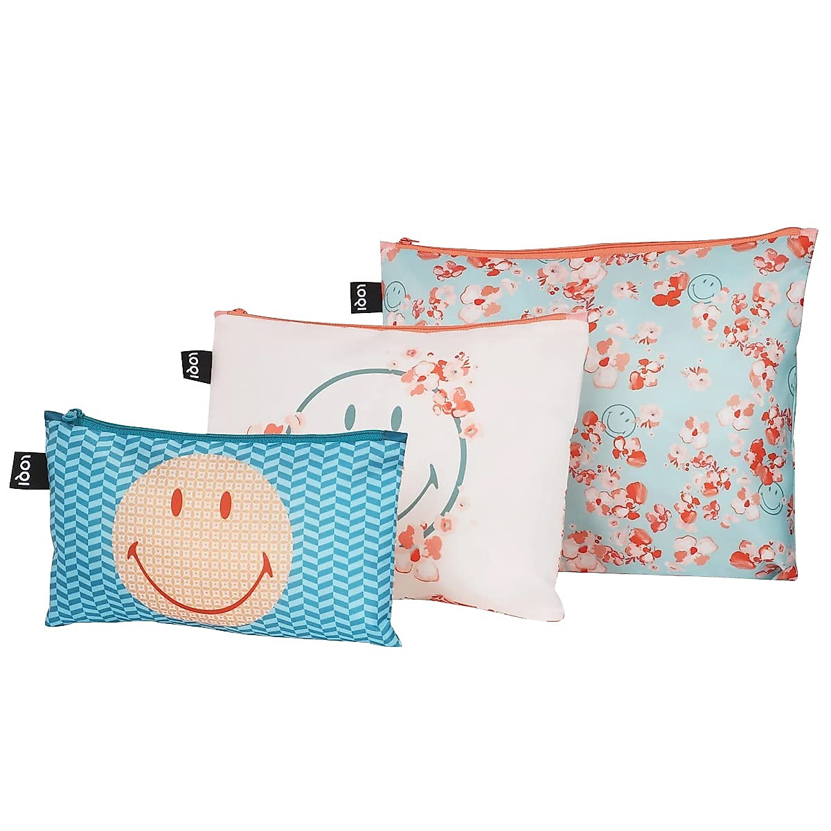LOQI Artist Smiley Zip Pockets, Set of 3, Blossom & Geometric