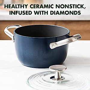 GreenPan Healthy Ceramic Nonstick, 2QT Rice Grains and Soup Maker Caldero Pot with Lid, PFAS-Free, Induction, Dishwasher Safe, Oven Safe, Blue