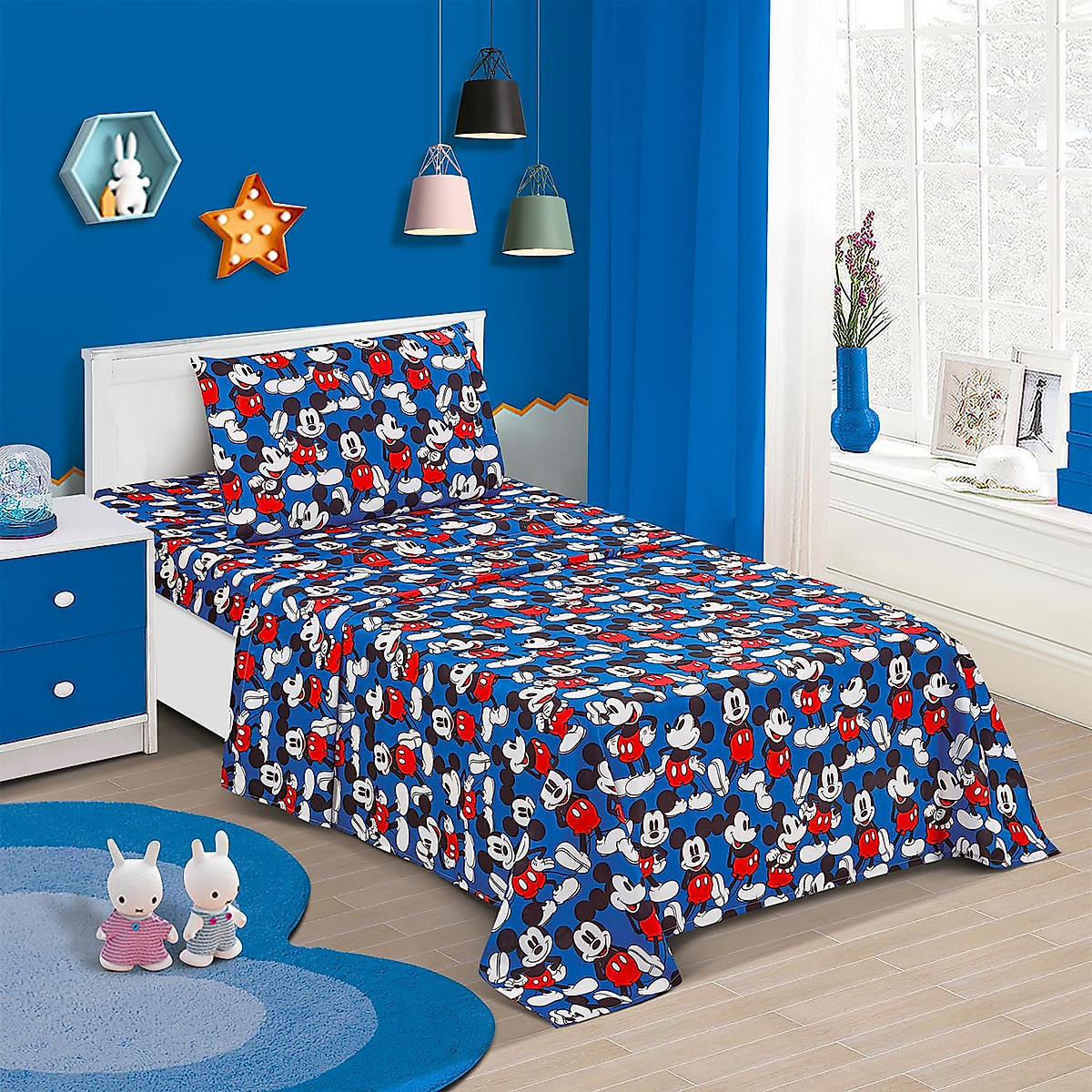 Mickey Mouse Twin Bedding Set for Kids - Bundle with Mickey Bedspread, Flat Sheet, Fitted Sheet, Pillowcase for Twin Bed Plus Decals, Stickers, More | Mickey Mouse Bedroom Decor