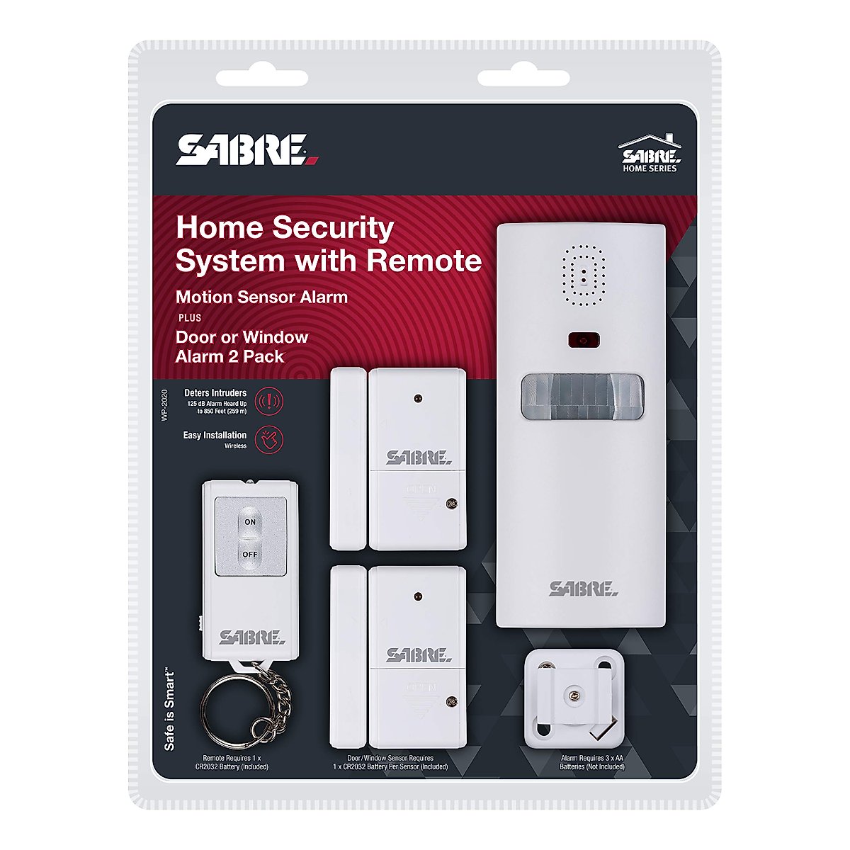 SABRE Home Security System with Remote, 125dB Alarm, Audible Up to 850 Feet (259 Meters), Wireless, Comes with 1 Motion Sensor Alarm, 2 Door or Window Alarms and 1 Remote Key Fob, Home and Away Modes