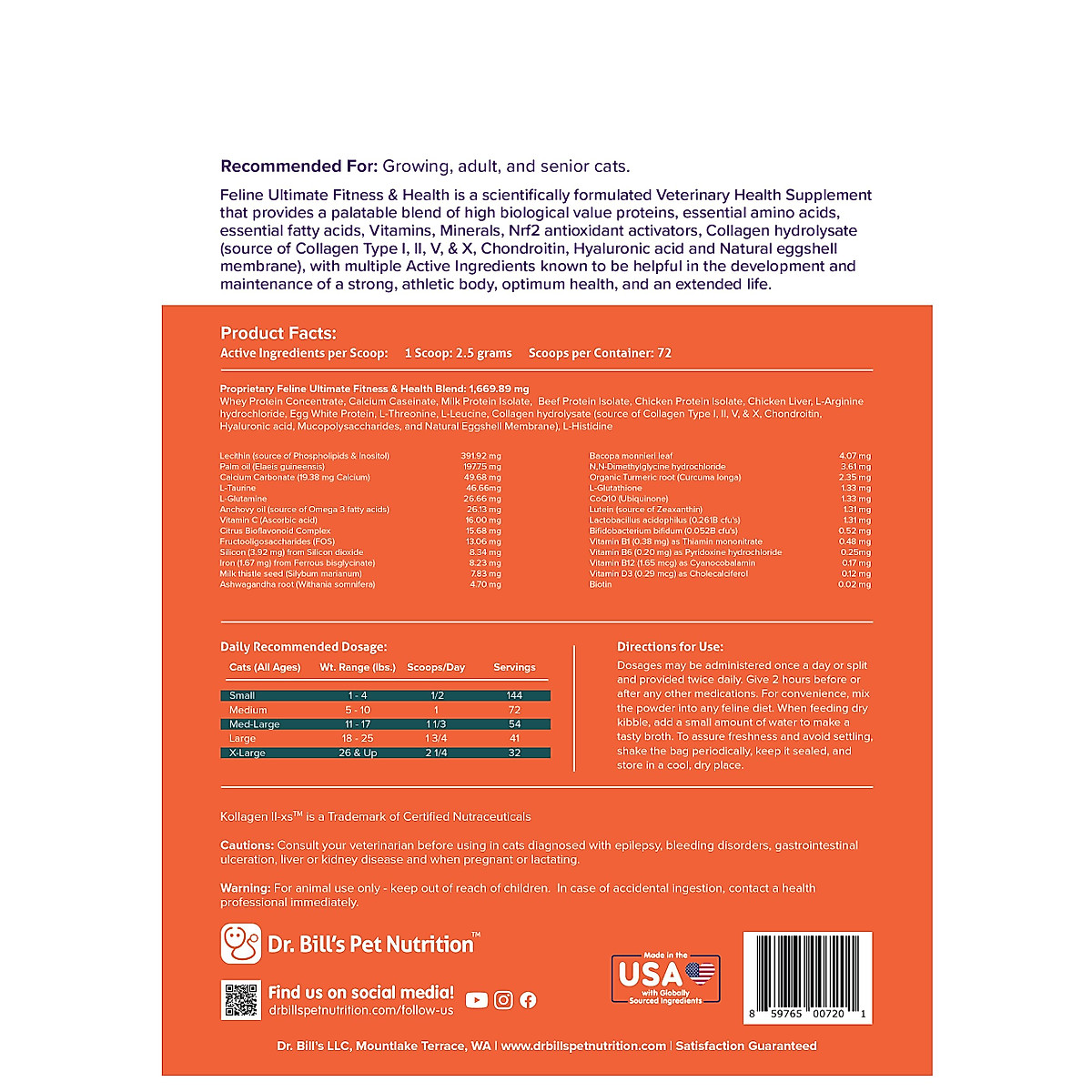 Dr. Bill’s Feline Ultimate Fitness & Health | Cat Multivitamin Supplement Powder for All Ages | For Wellness, Joint Health, Weight Control | Vitamins B1, B6, B12, D3, Omega 3s, Collagen, Biotin & More