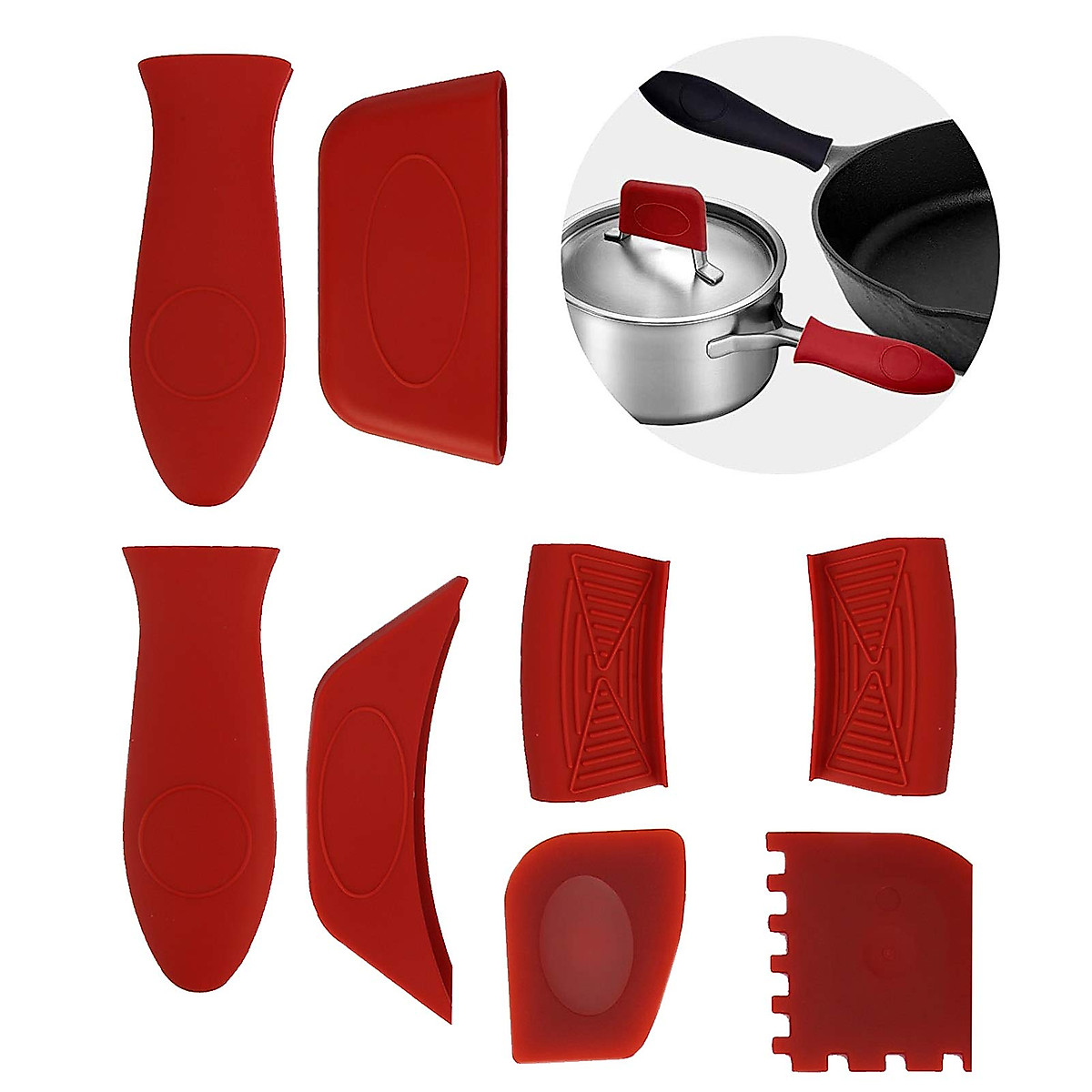 PAPABA 8Pcs/Set Silicone Hot Handle Cover Pot Holders Heat-Resistant Grip Handle Sleeves Lid Covers with Scraper for Frying Pans Cookware Red