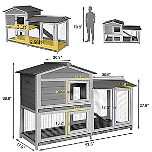 GEGURI Rabbit Hutch Indoor Rabbit Cage Outdoor, Chicken Coop Bunny Cage with Pull Out Tray, Waterproof Roof, Ramp (57.8" L x 17.9" W x 27.9" H, Grey)