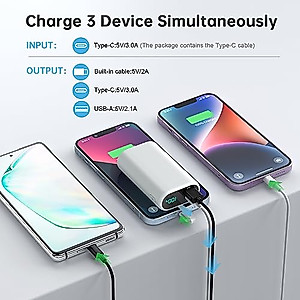 Portable Charger 10800mAh for iPhone,Small & Ultra-Compact 15W PD Fast Charging Power Bank ,LCD Display Battery Pack with Built-in-Cable Compatible with iPhone 14/14 Pro Max/13/12/X/XR/XS/8/7/6-White